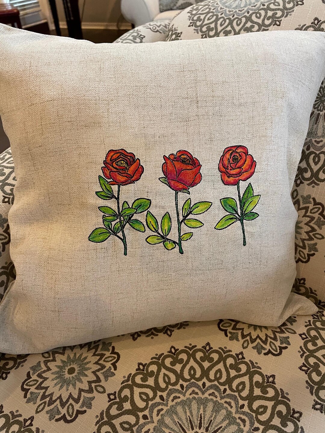 Pillow Slip Cover-hand Painted Roses, Embroidery - Etsy