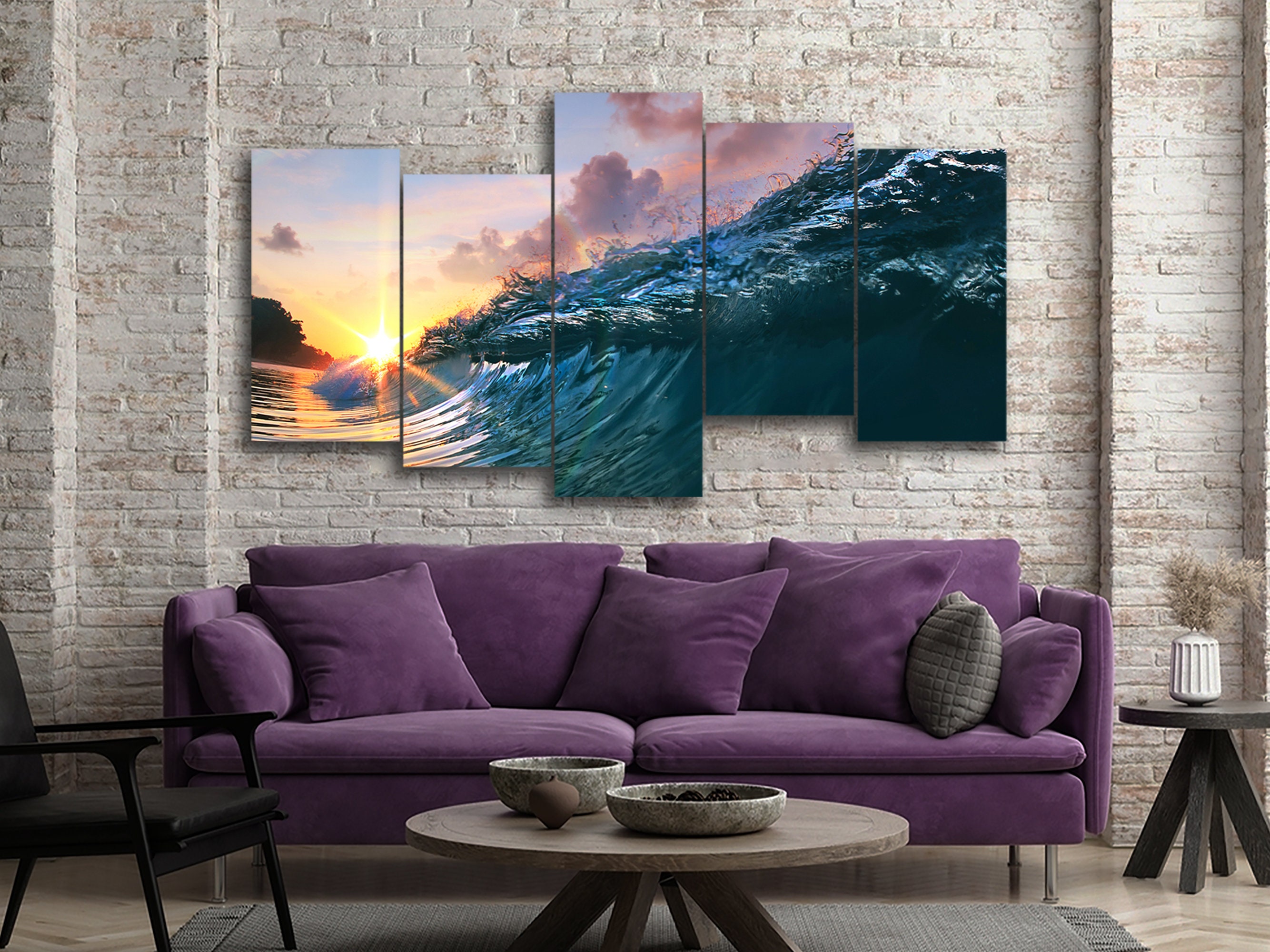 Blue Ocean Surfing Wave 5 Pieces Canvas Wall Art, Large Framed 5 Panel ...