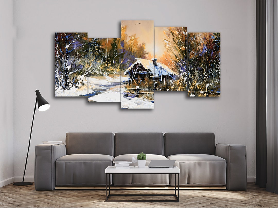 Rural Winter Landscape 5 Piece Canvas Wall Art, Large Framed 5 Panel ...