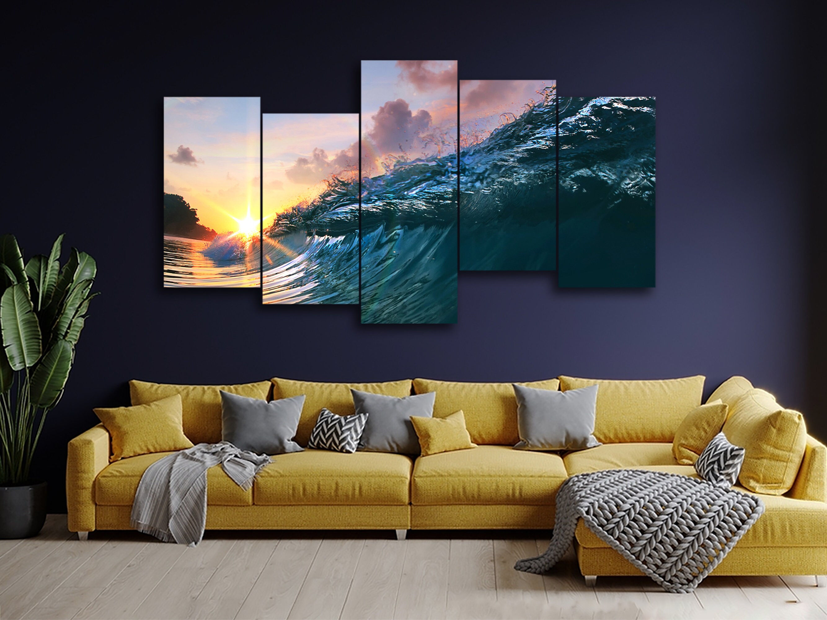 Blue Ocean Surfing Wave 5 Pieces Canvas Wall Art, Large Framed 5 Panel ...