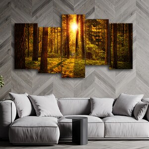 Natural Forest Dawn 5 Piece Canvas Wall Art, Large Framed 5 Panel ...