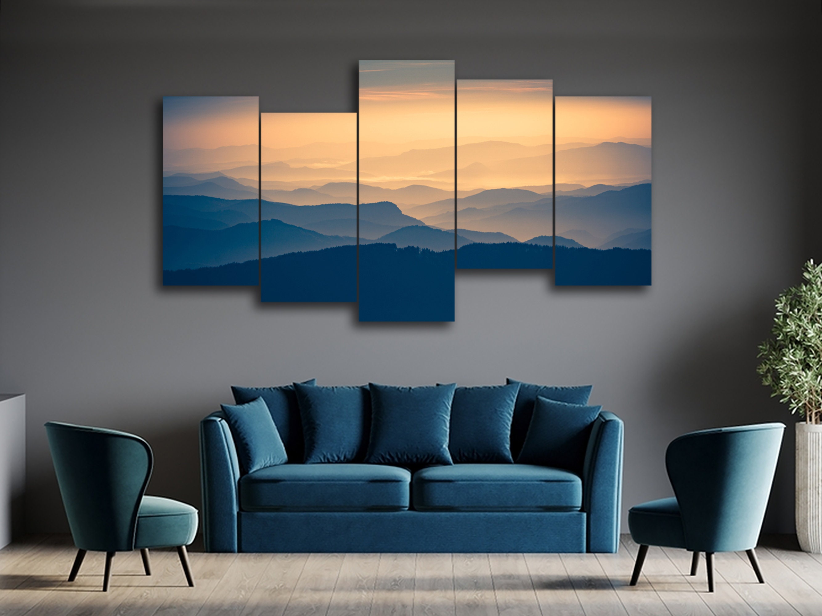 Sunset Over the Mountains 5 Piece Canvas Wall Art, Large Framed 5 Panel ...