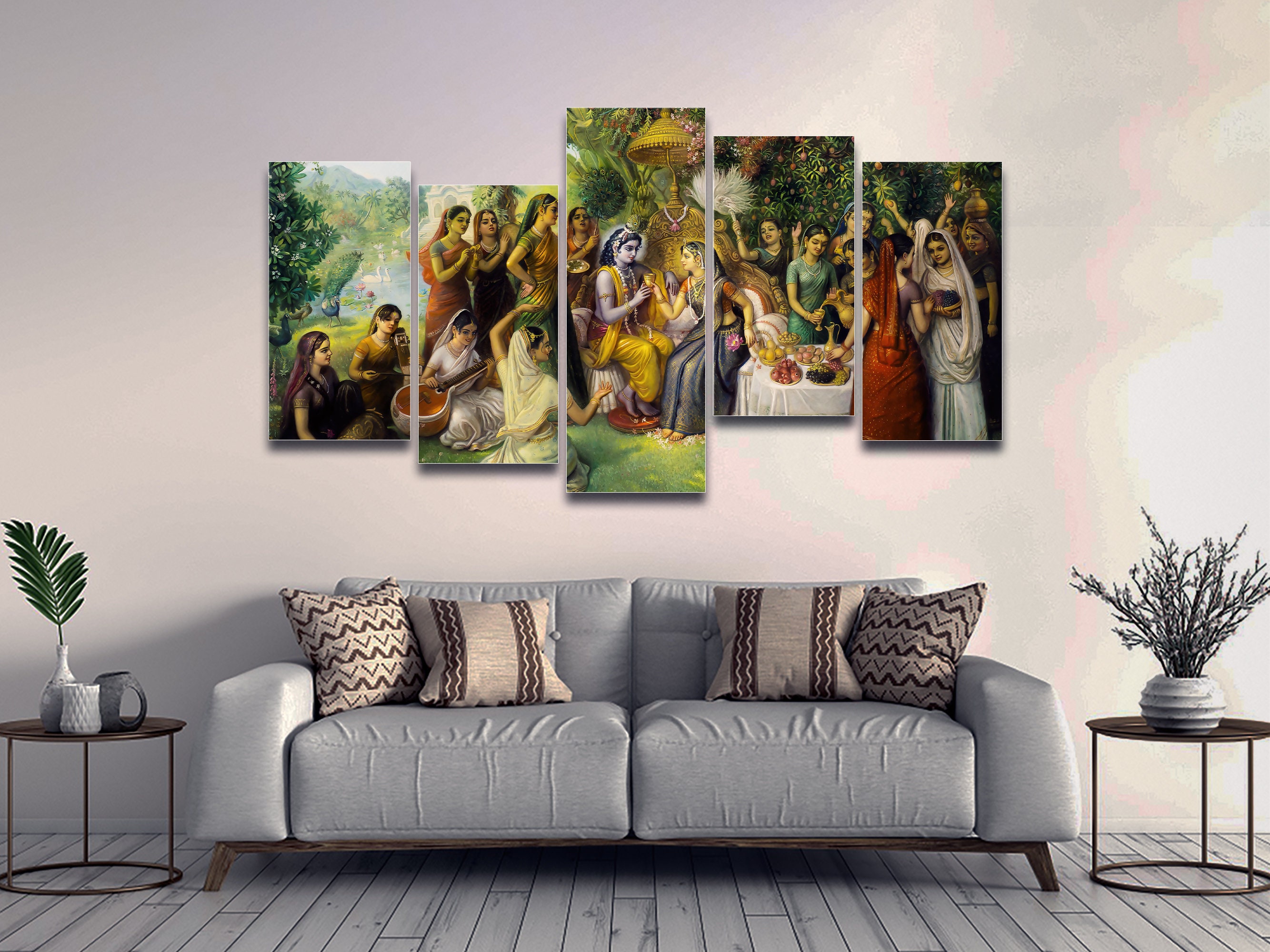 Radha Krishna and the Gopis 5 Pieces Canvas Wall Art, Large Framed 5 ...
