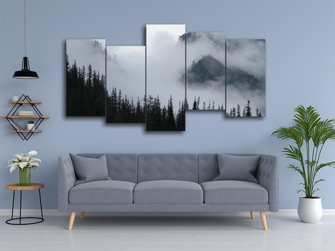 Misty Mountains, Siberian Taiga 5 Pieces Canvas Wall Art, Large Framed ...