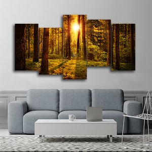 Natural Forest Dawn 5 Piece Canvas Wall Art, Large Framed 5 Panel ...