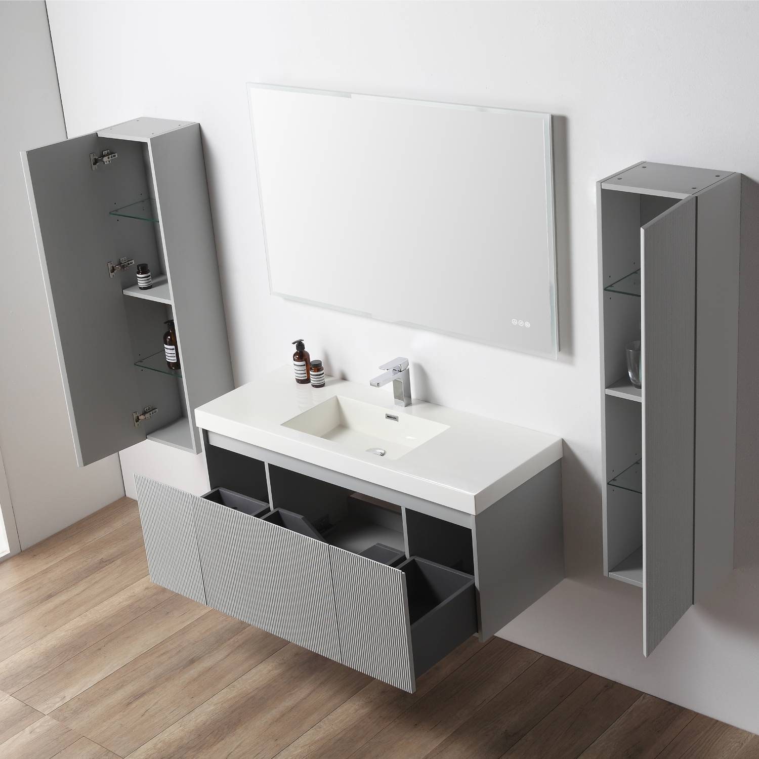 48 Inch Floating Bathroom Vanity With Single Sink & Two Side Cabinets ...