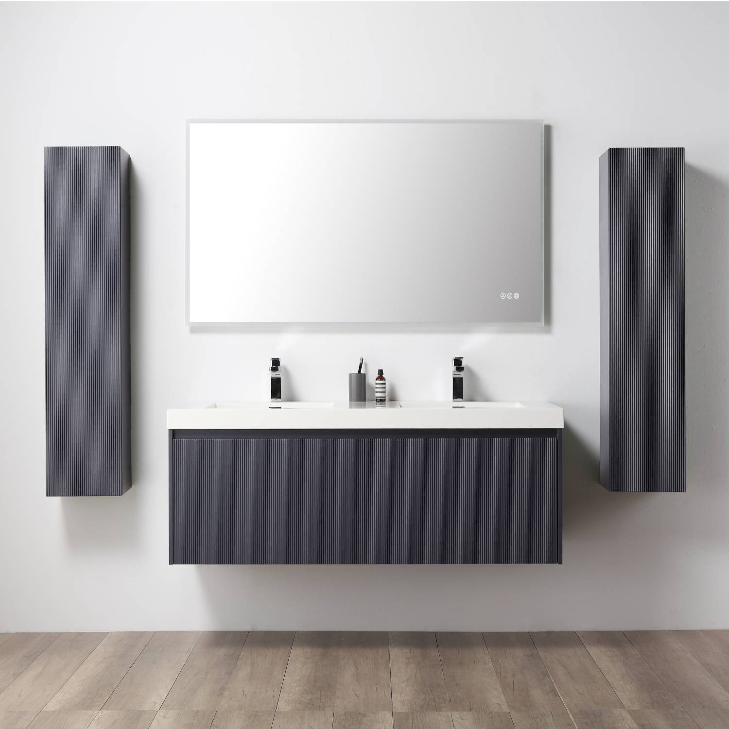 60 Inch Floating Bathroom Vanity With Sink & Two Side Cabinets, Wall ...