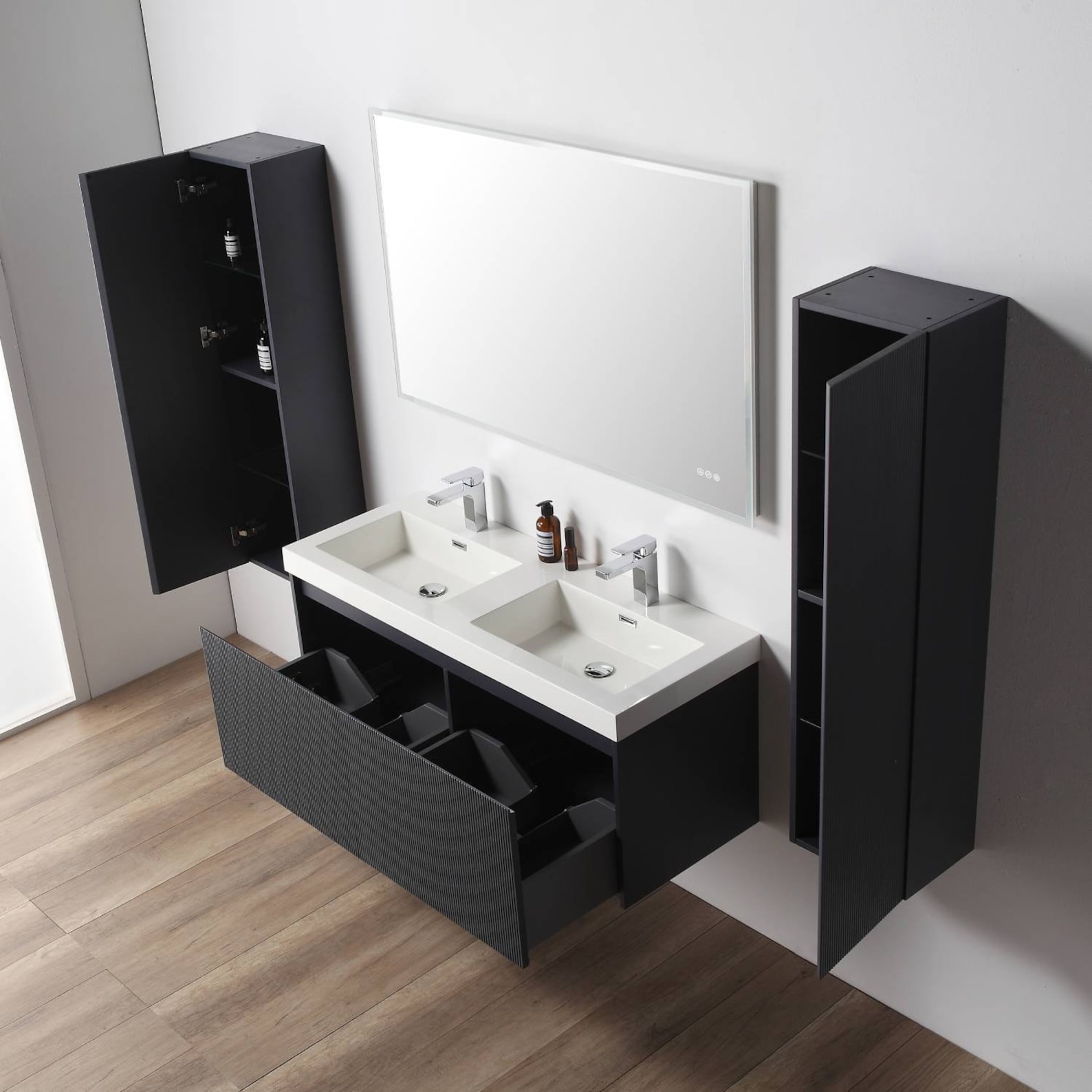 48 Inch Floating Bathroom Vanity With Double Sinks & Two Side Cabinets ...