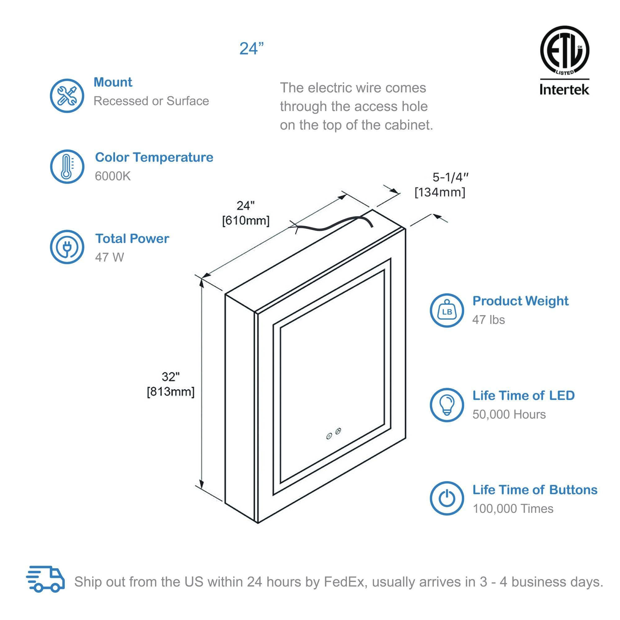 24 Inch Recessed or Surface LED Mirror Medicine Cabinet With Lights and ...