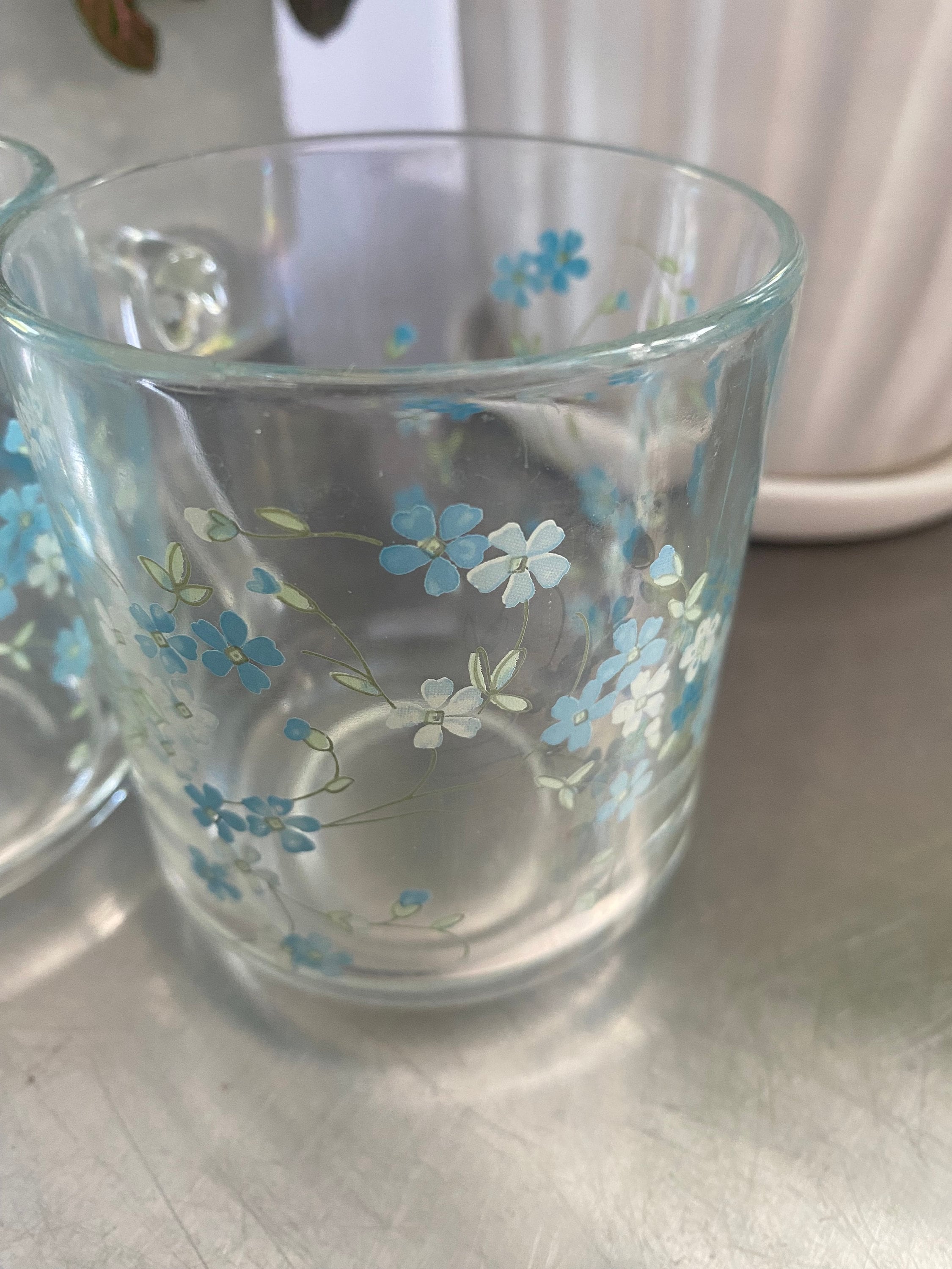 Set of Two Vintage Luminarc Glass Mugs With Blue Forget Me Not Floral ...