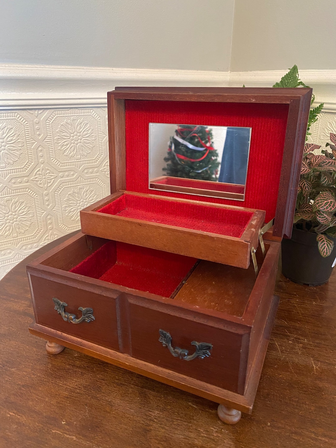 Vintage Wooden Jewelry Music Box - 1950s 1960s - Red Velvet Lining ...