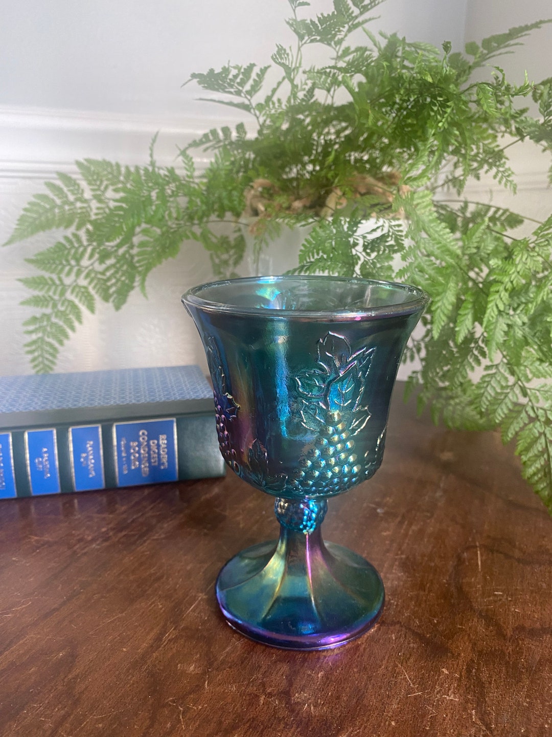 Vintage Indiana Blue Carnival Glass Goblet With Harvest Grape Design ...