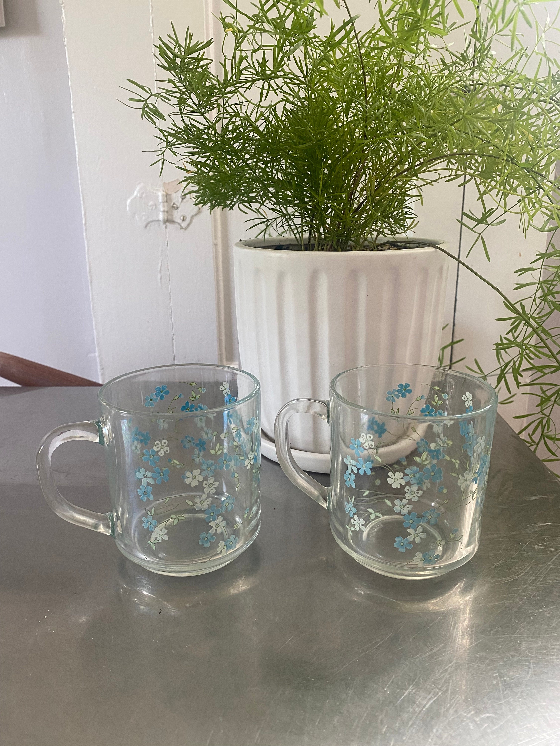 Set of Two Vintage Luminarc Glass Mugs With Blue Forget Me Not Floral ...