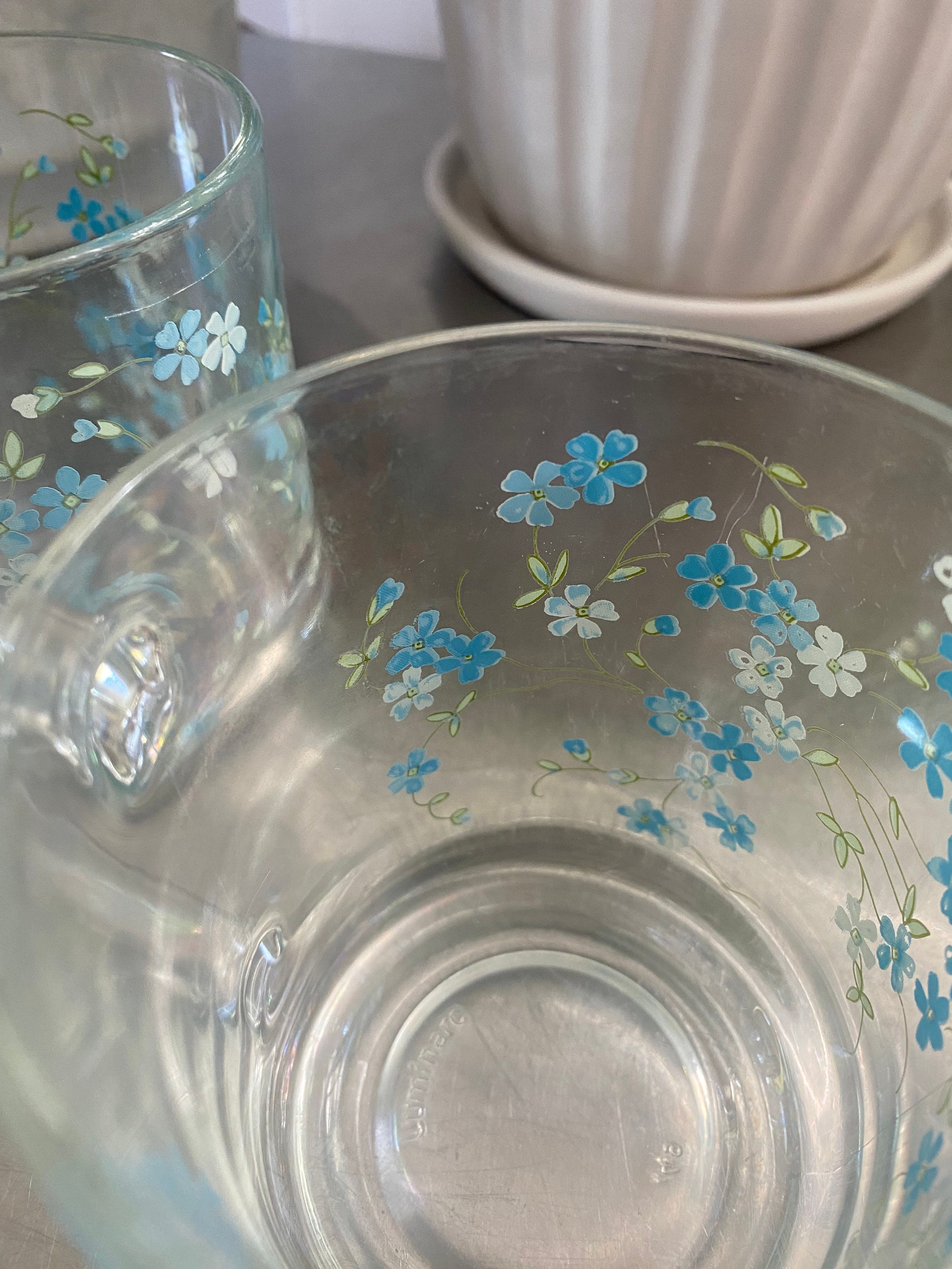 Set of Two Vintage Luminarc Glass Mugs With Blue Forget Me Not Floral ...
