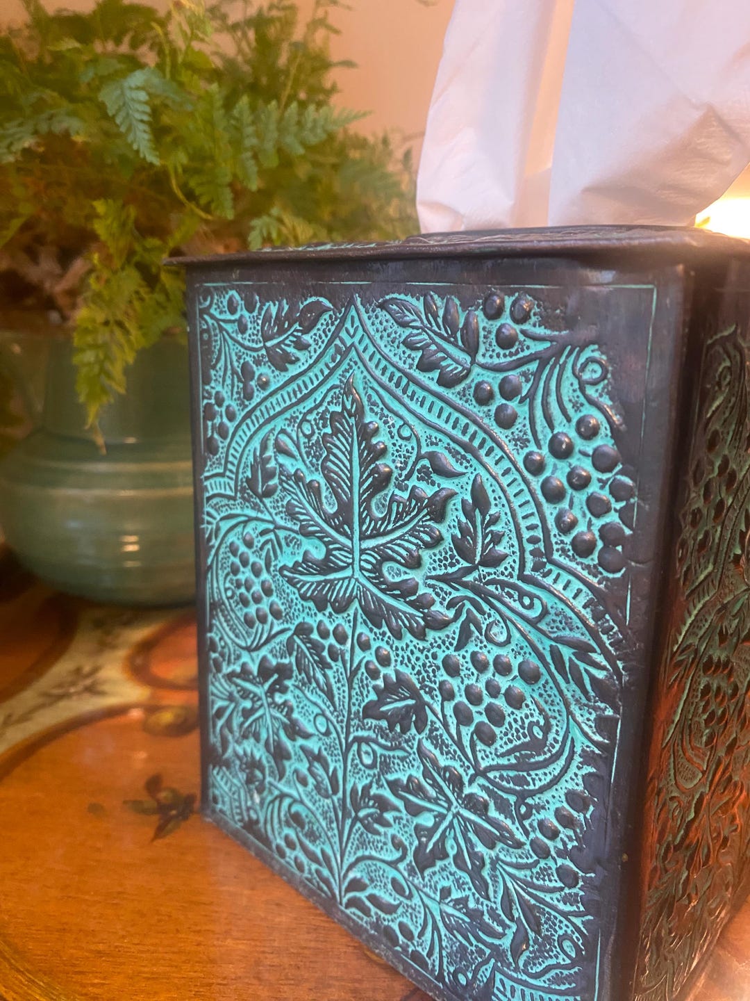Bronze Hammered Tissue Box Cover With Green / Aqua Patina - 2 Piece ...