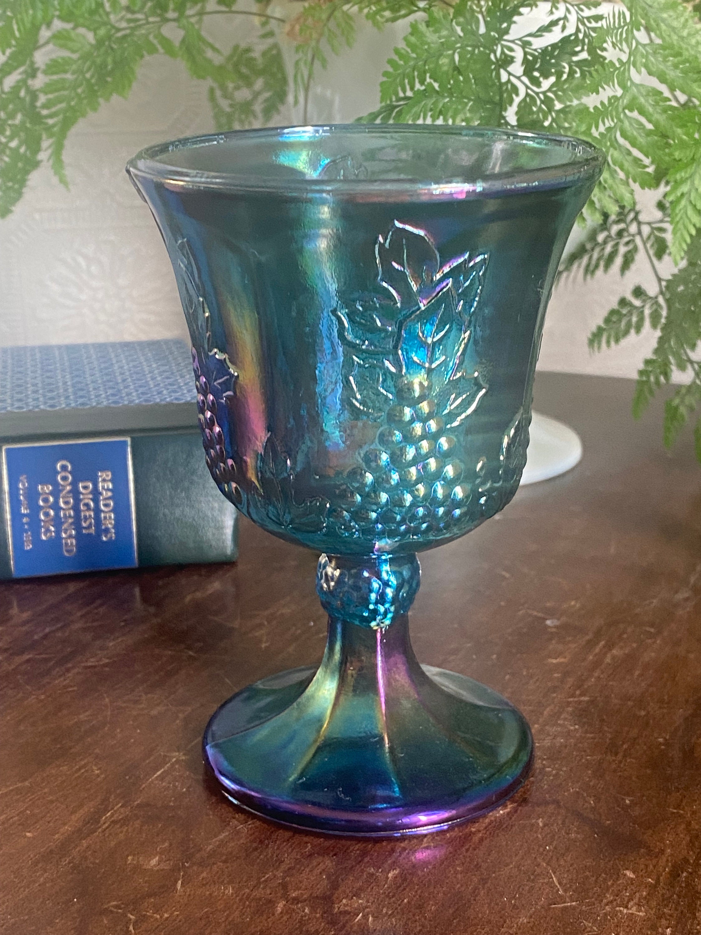 Vintage Indiana Blue Carnival Glass Goblet With Harvest Grape Design ...