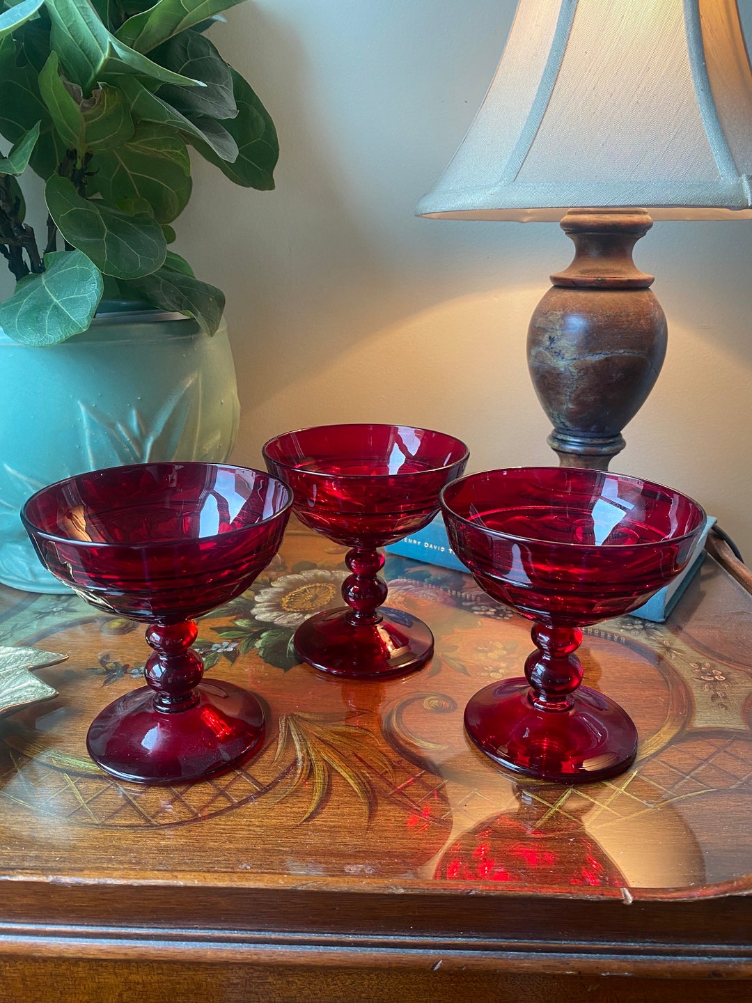 Vintage Ruby Red Glass Pedestal Dishes Cups Compote Candy Sherbet Nut ...