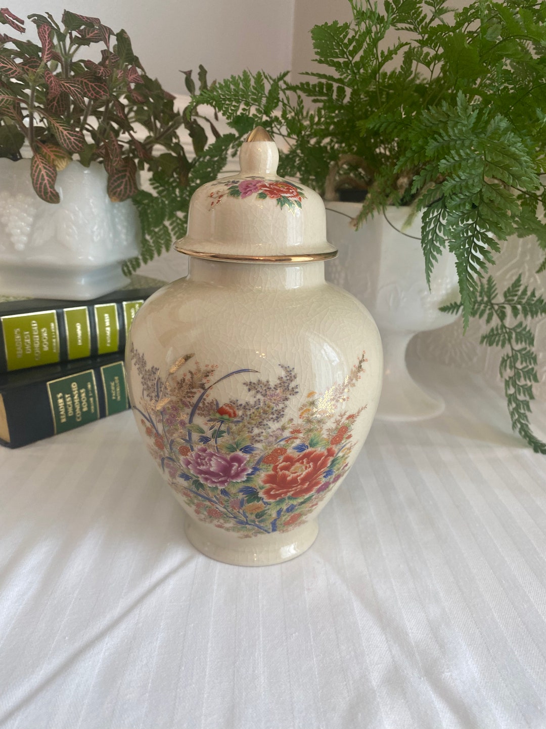 Vintage Japanese Vase Ginger Jar - Gold Leaf - Made in Japan - Floral ...
