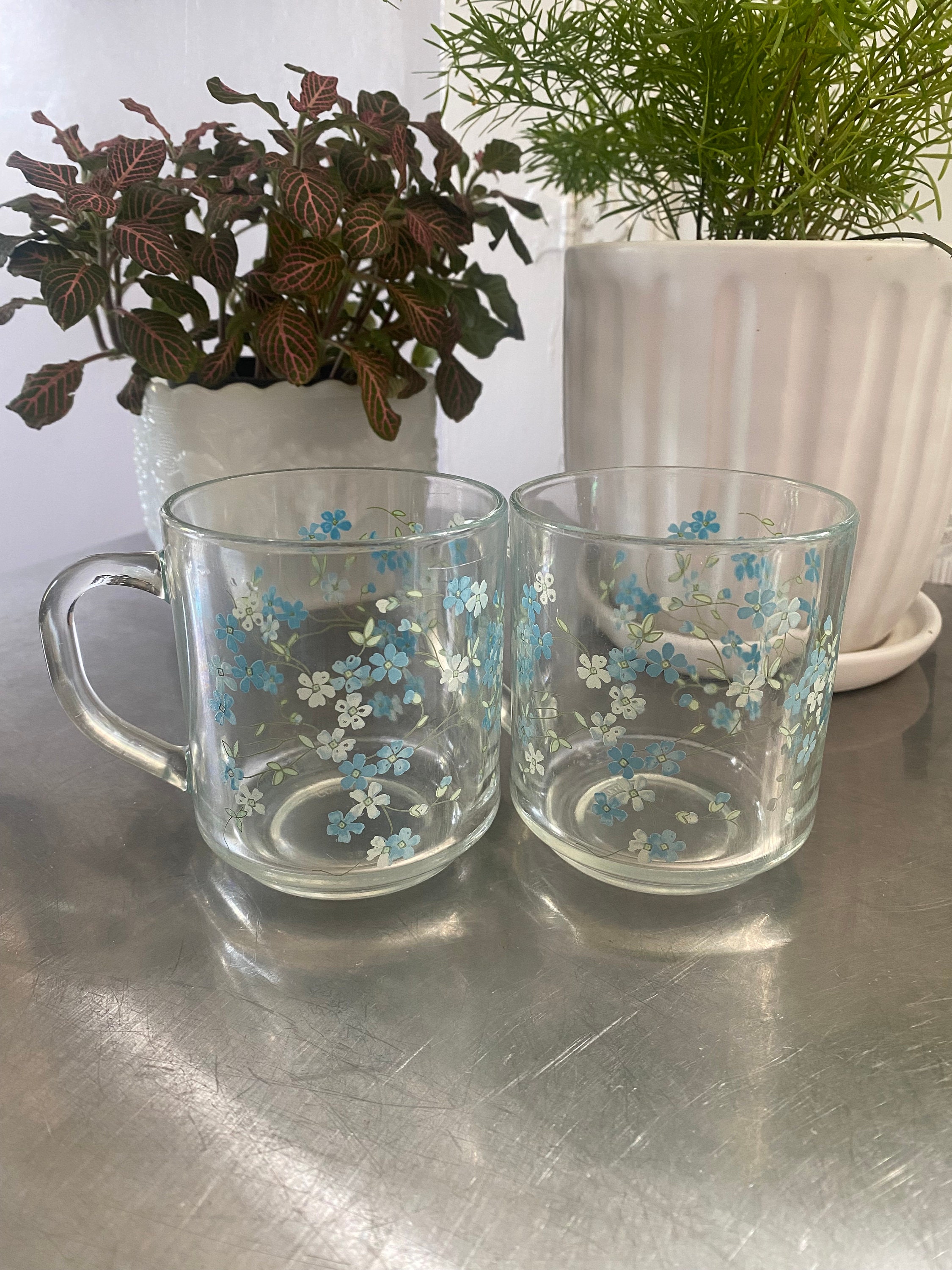 Set of Two Vintage Luminarc Glass Mugs With Blue Forget Me Not Floral ...