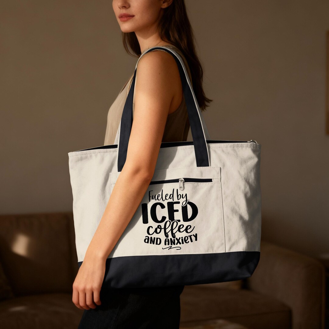 Fueled by Iced Coffee Canvas Tote, Anxiety Zippered Bag, Funny 19L Tote ...