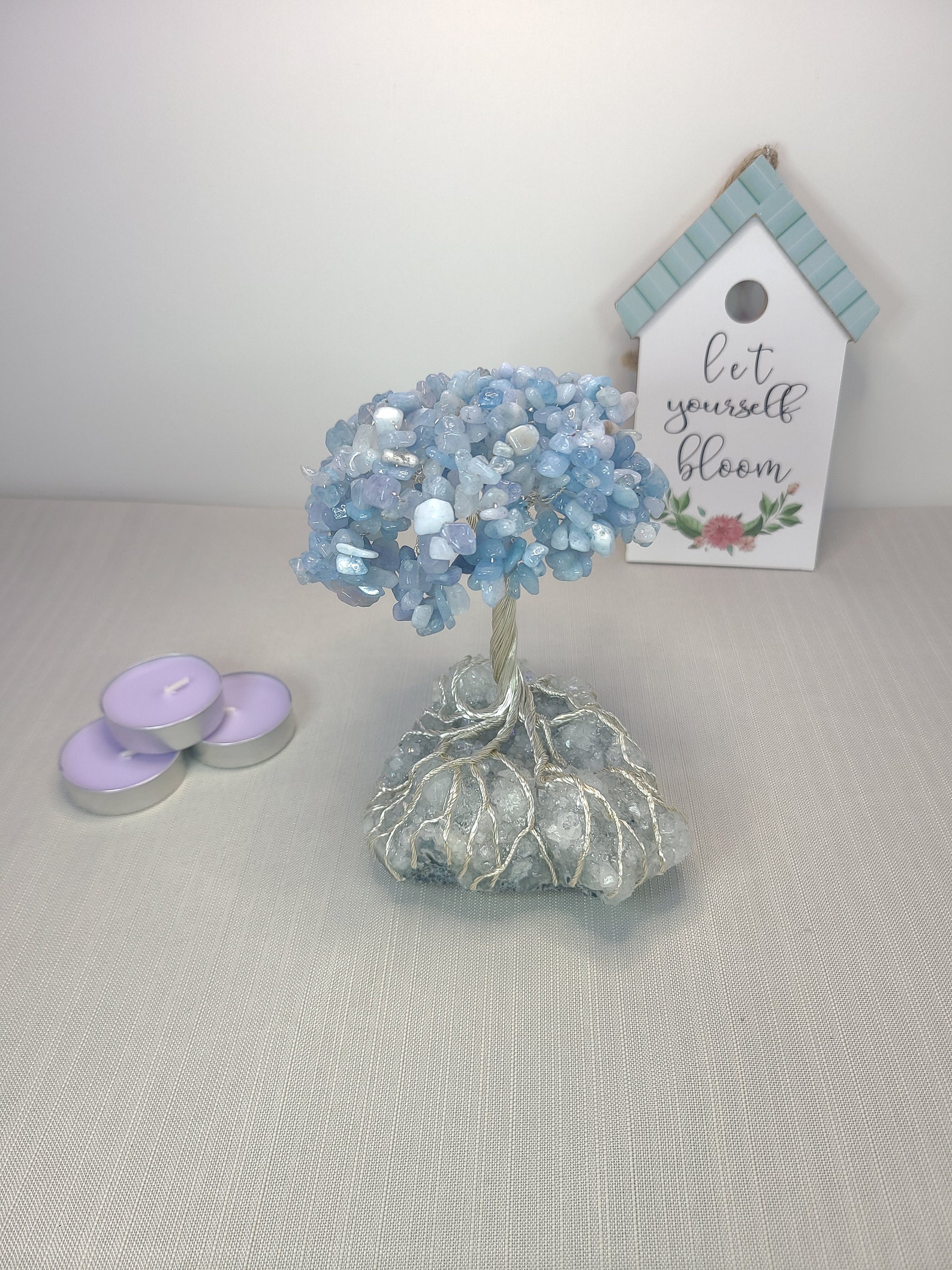 Handcrafted Aquamarine Tumbled Chip Tree on Apophyllite Cluster Unique ...