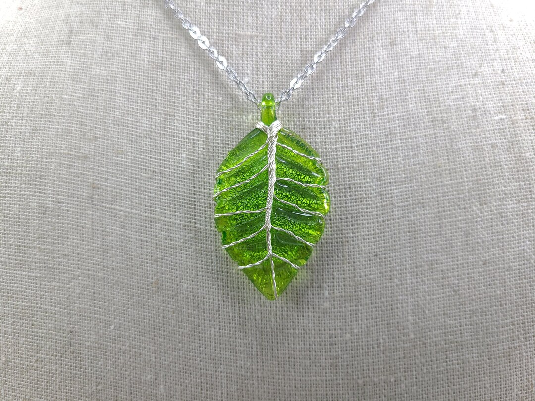 Light Green Wire Wrapped Leaf Glass Pendant - Etsy