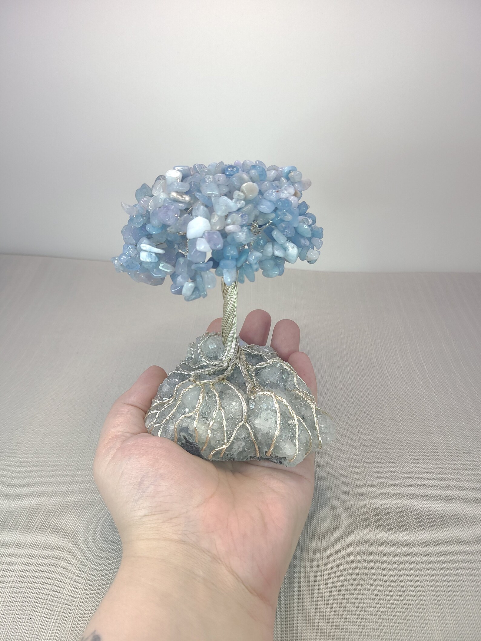 Handcrafted Aquamarine Tumbled Chip Tree on Apophyllite Cluster Unique ...