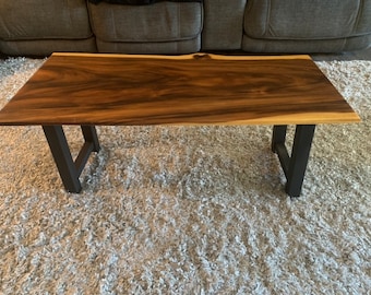Live Edge Monkey Pod Coffee Table With Deep Walnut Coloration and Blue ...