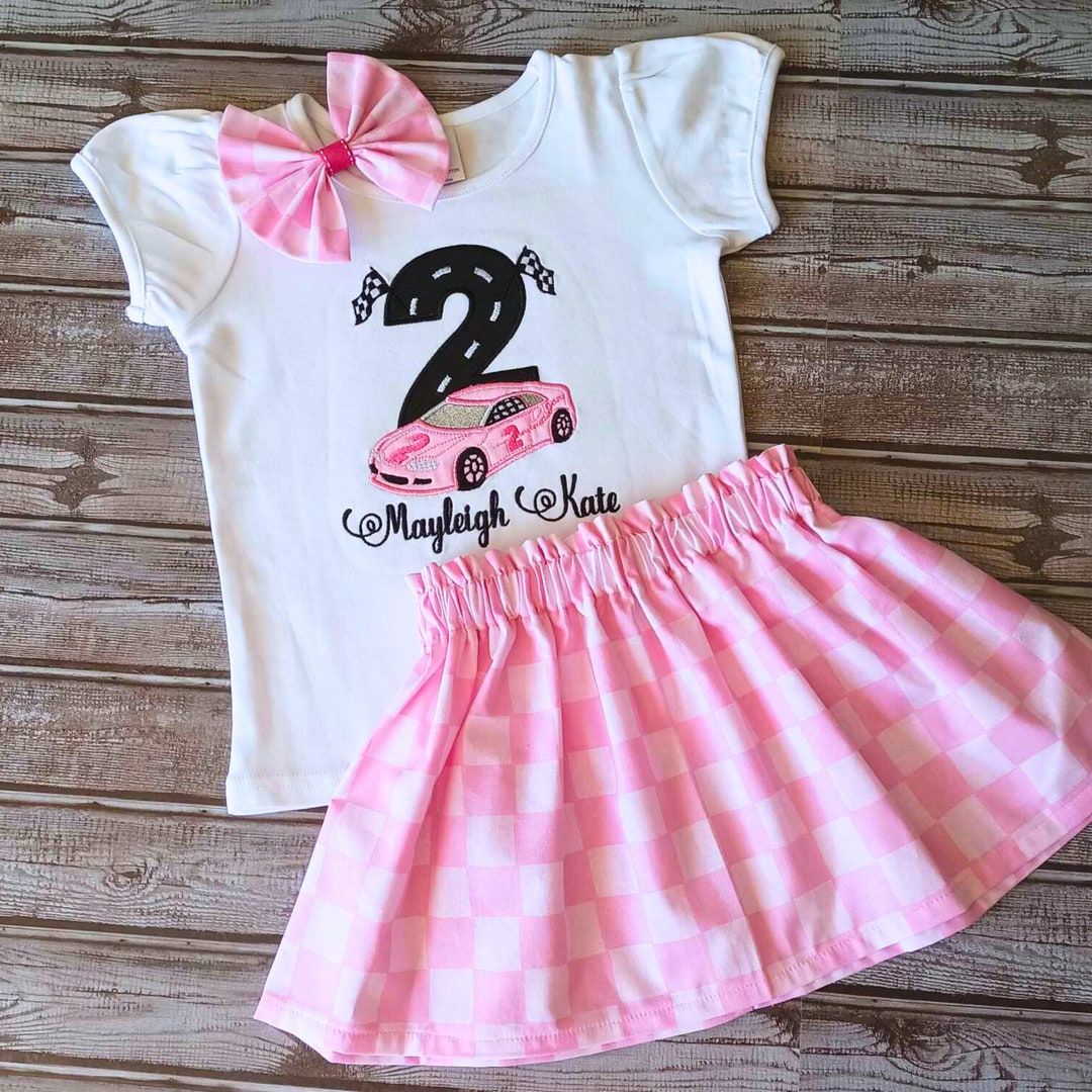 Girls Racing Birthday Outfit, Girls Pink Checkered Skirt and Matching ...