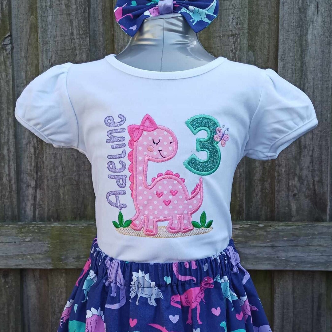Embroidered Girl Dinosaur Birthday Shirt, Girls Cute Dinosaur Shirt ...