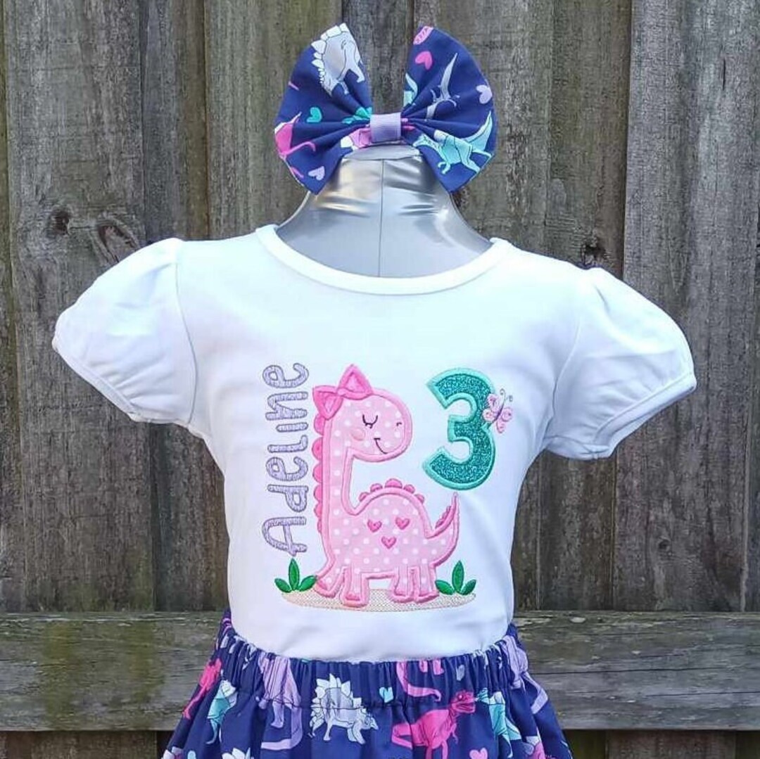 Embroidered Girl Dinosaur Birthday Shirt, Girls Cute Dinosaur Shirt ...