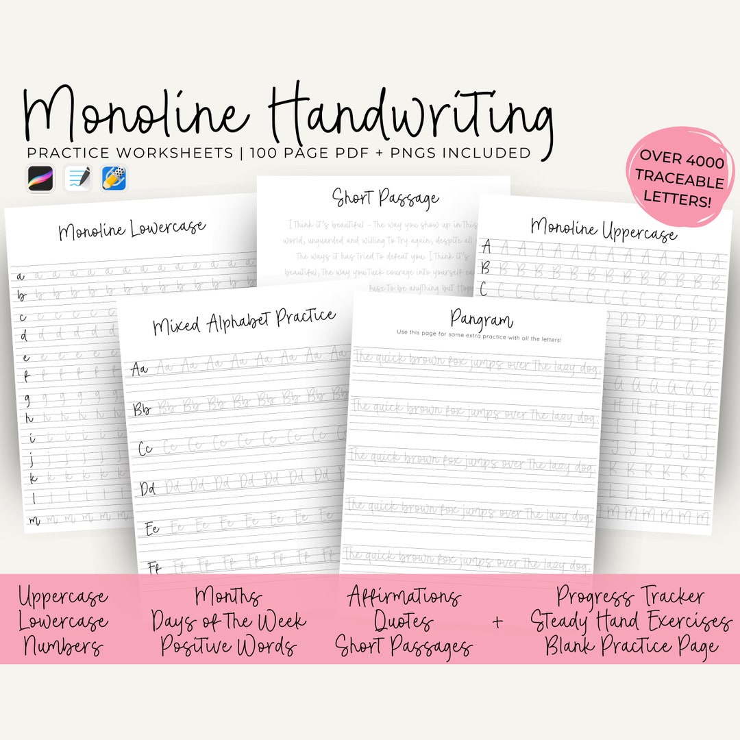 100-page Hand Lettering Workbook - Practice Sheets, Monoline Script and ...