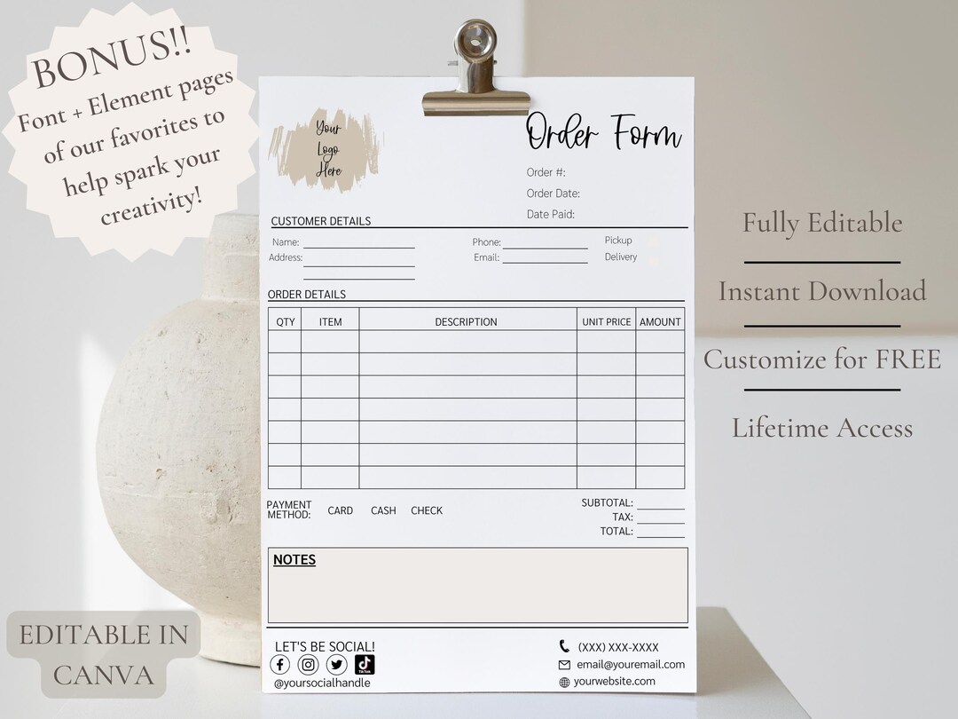 Order Form Template for Small Business | Printable Order Form, Editable ...