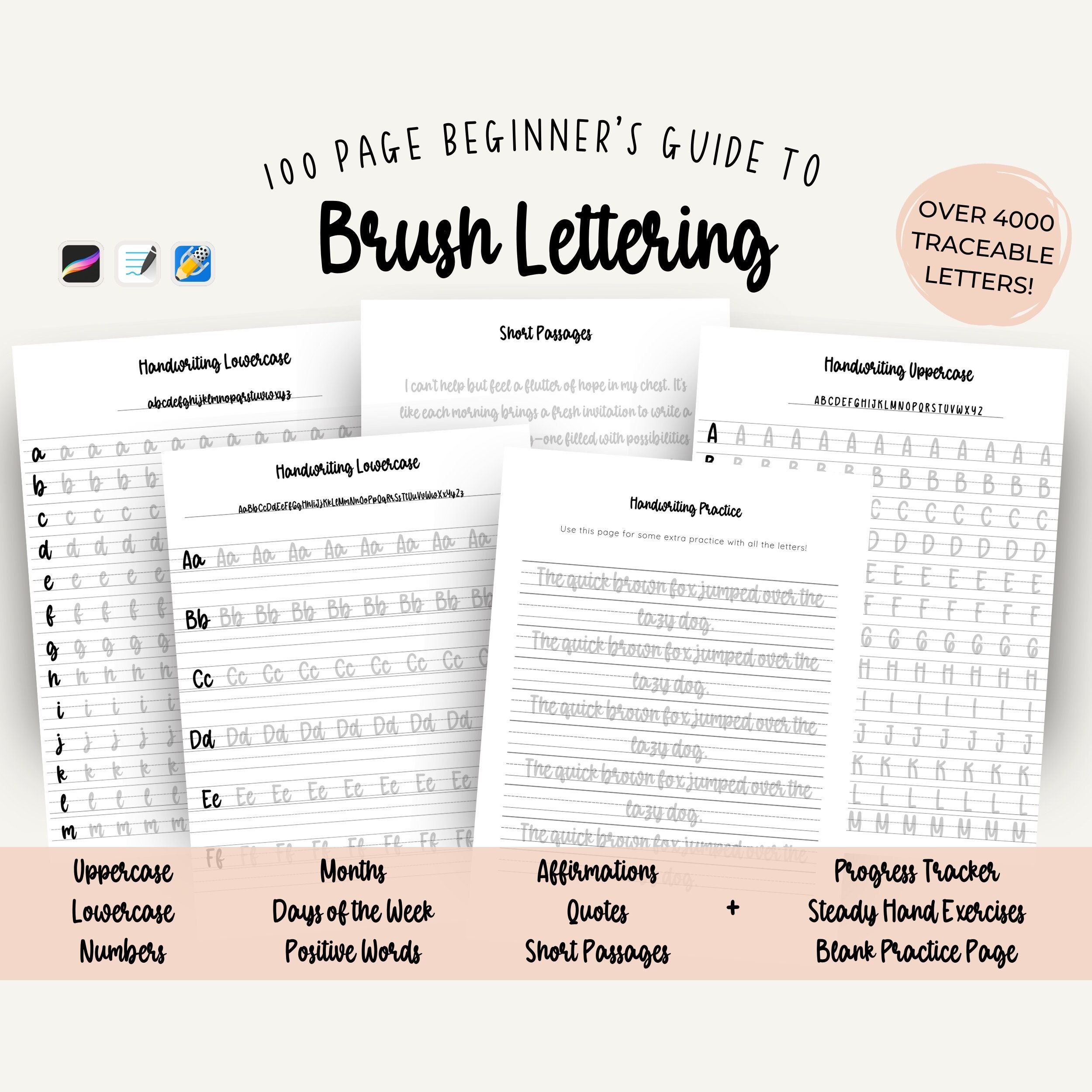 Brush Lettering Workbook, Cursive Letter Formation Worksheets, ABC ...