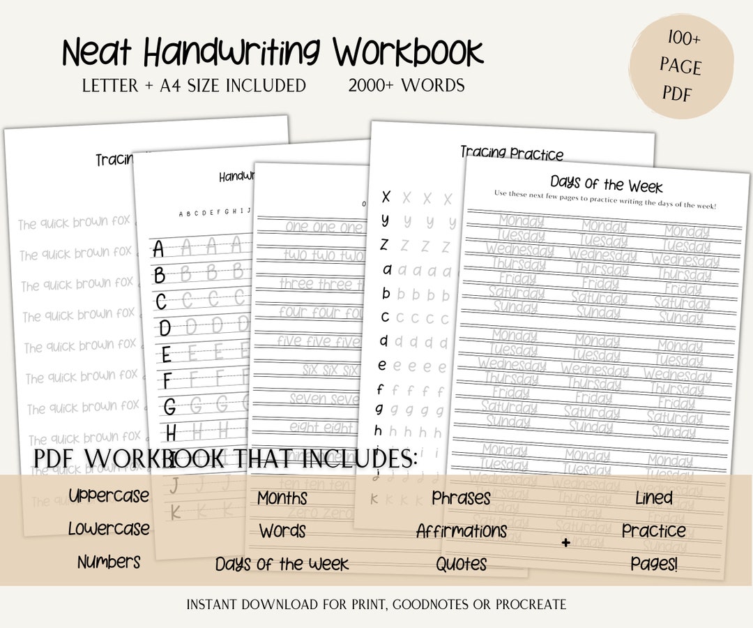 Neat Handwriting Workbook for Adults | Cute Handwriting Practice Sheets ...
