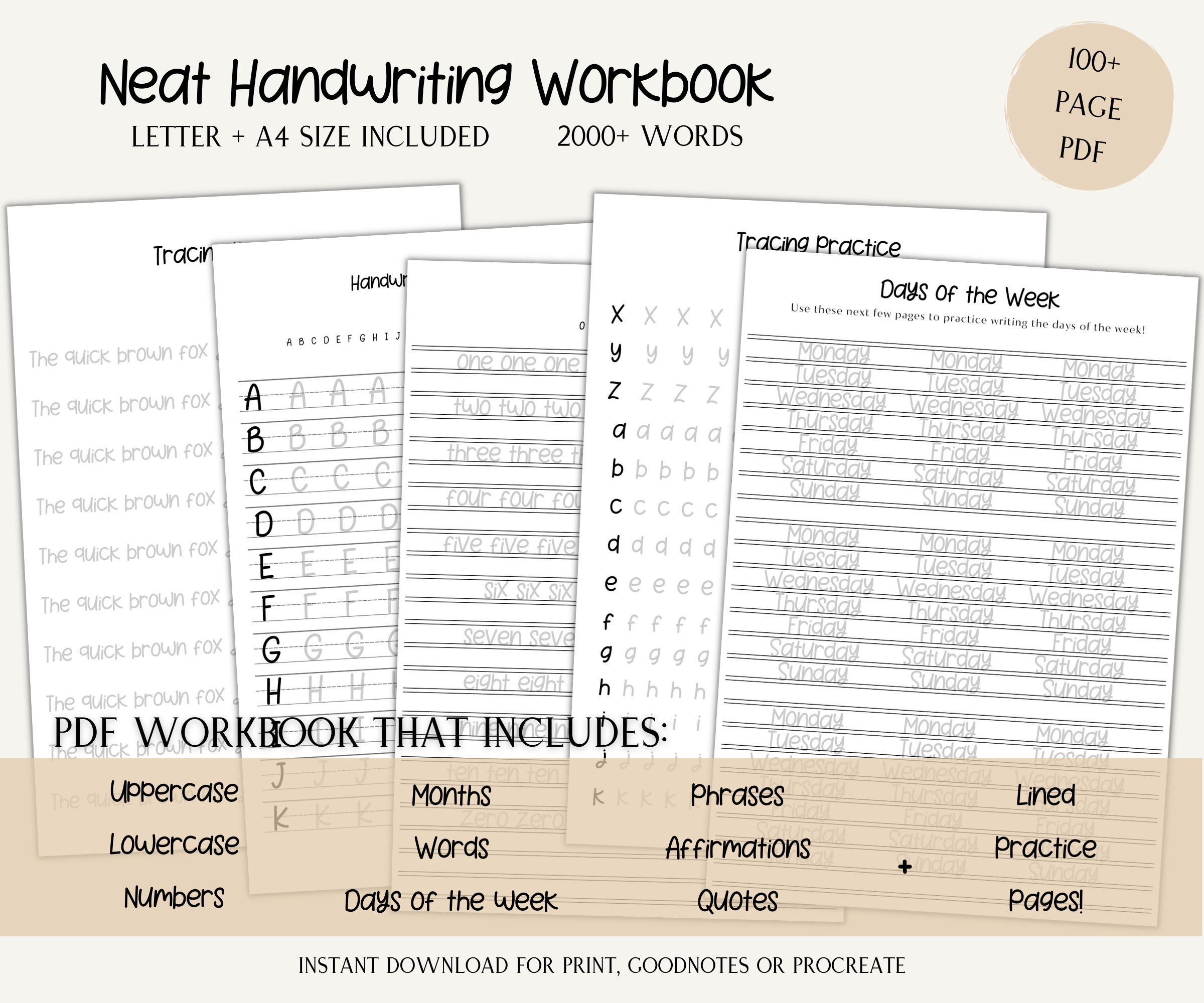 Neat Handwriting Workbook for Adults | Cute Handwriting Practice Sheets ...