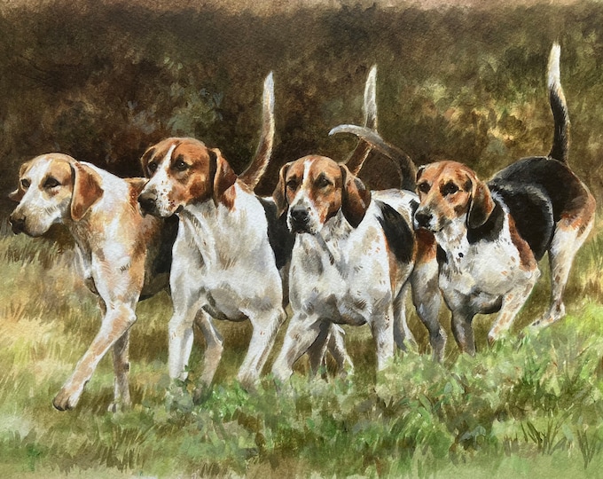 1930's Antique FOXHOUND Fox Hunting Print Fife Foxhound Pack Cubbing ...