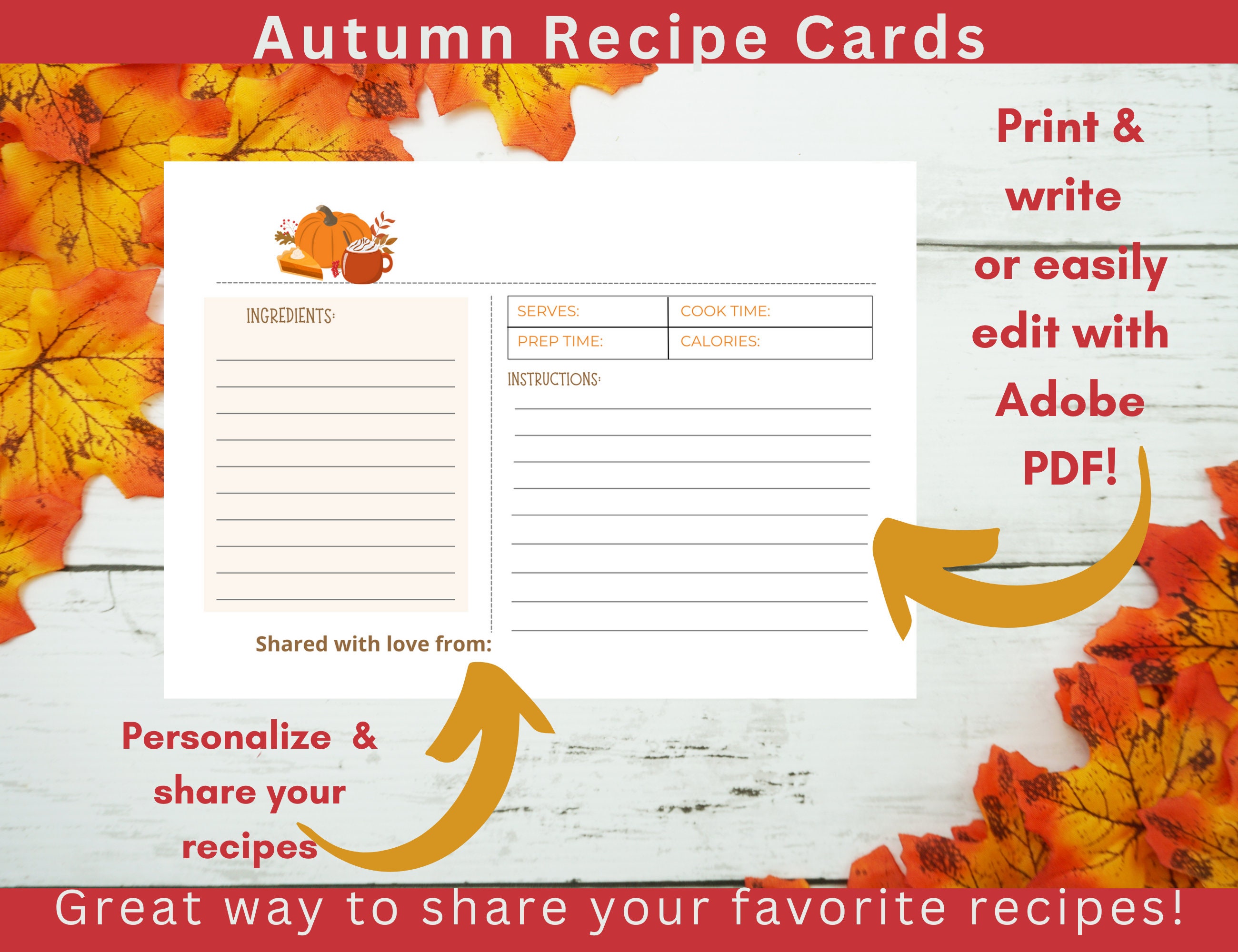 Editable AUTUMN Recipe Card Template, Recipe Template, Recipe Cards ...