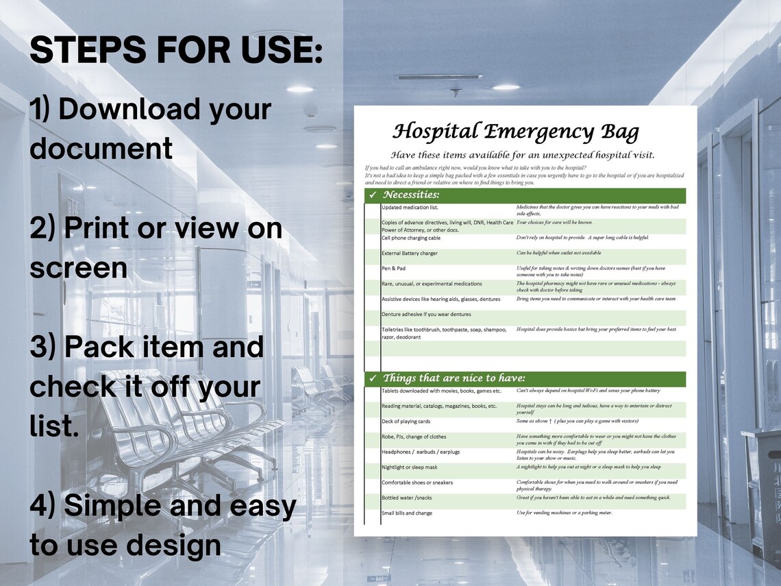 Hospital Emergency Bag Printable Checklist - Etsy