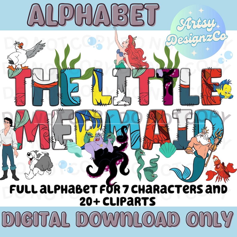 Little Mermaid Alphabet and Clipart Set, Ariel Custom Alphabet PNG ...