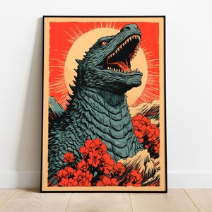 Neon Godzilla Poster, Epic 80's Retro Neon Kaiju Print, Cool Gamer ...