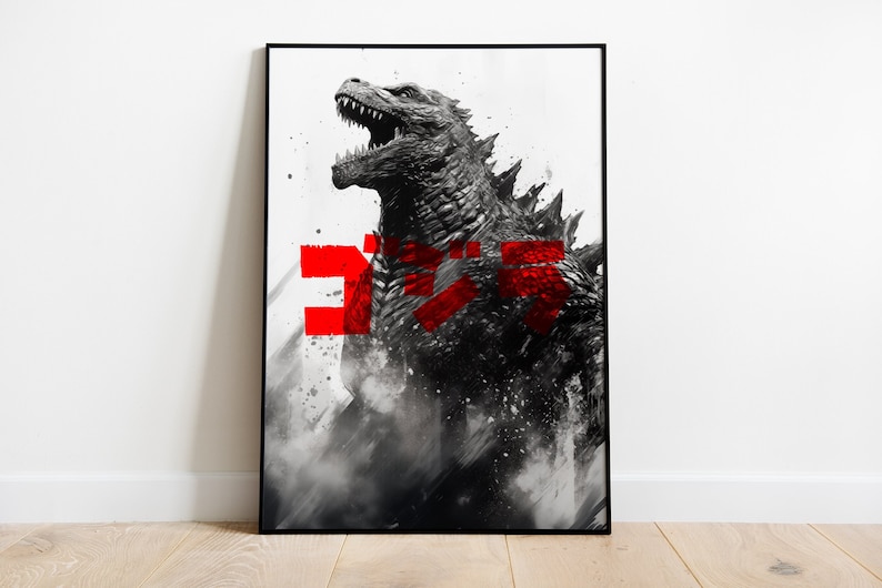 Godzilla Kanji Poster, Black White Red Gojira Minimalistic Kaiju Print ...
