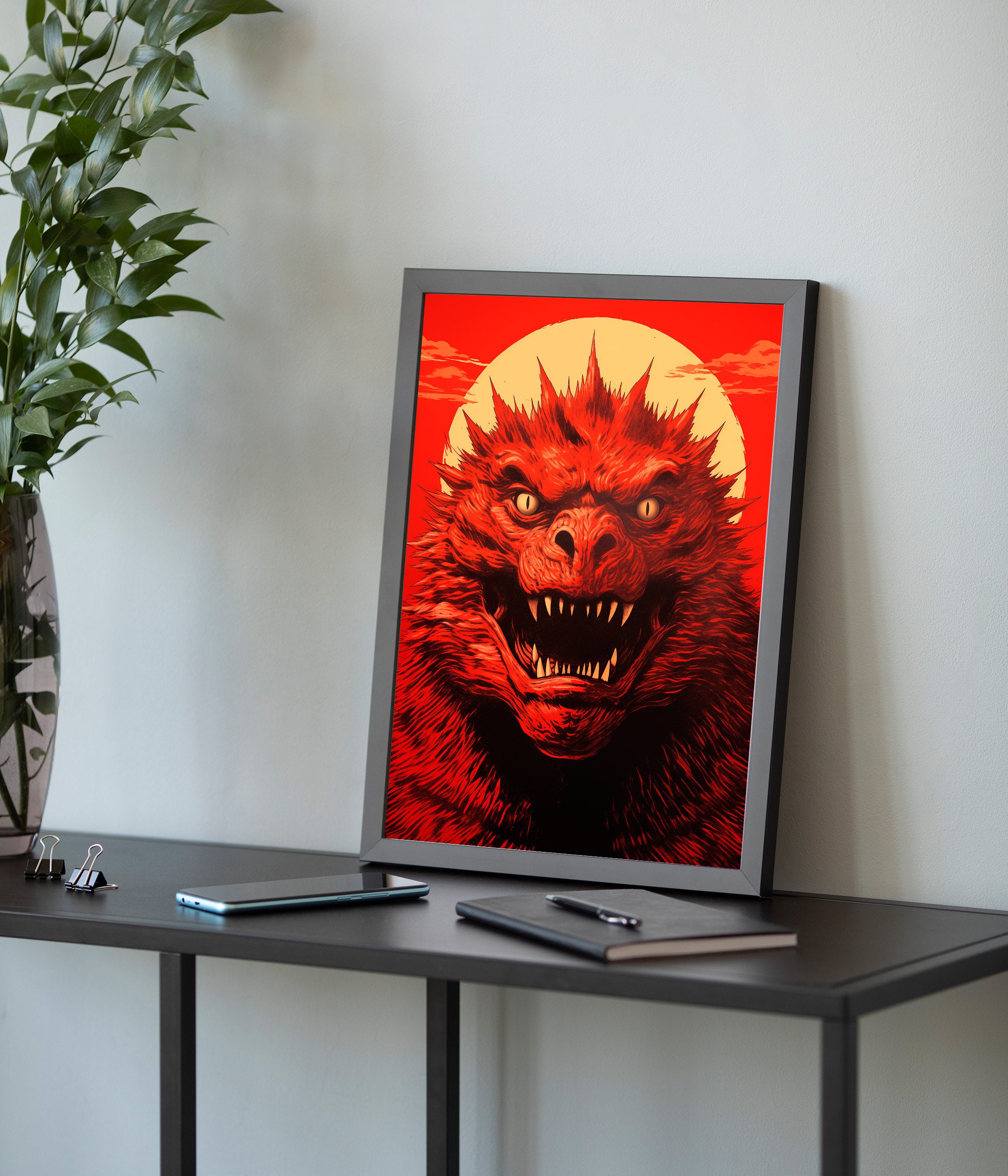 Vintage Godzilla Poster, Traditional Japanese Red Godzilla Print, Kaiju ...