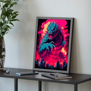 Neon Godzilla Poster, Epic 80's Retro Neon Kaiju Print, Cool Gamer ...