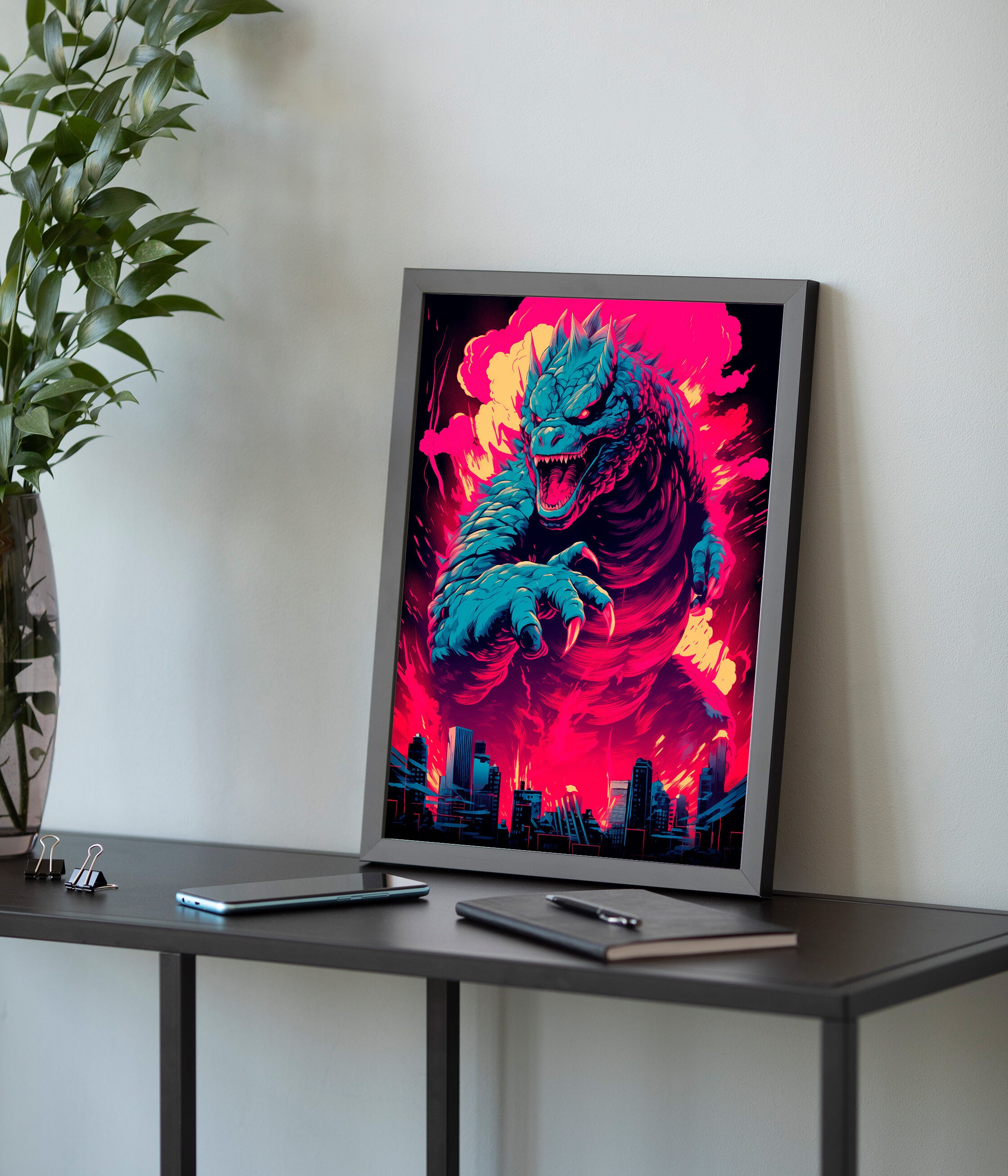 Neon Godzilla Poster, Epic 80's Retro Neon Kaiju Print, Cool Gamer ...