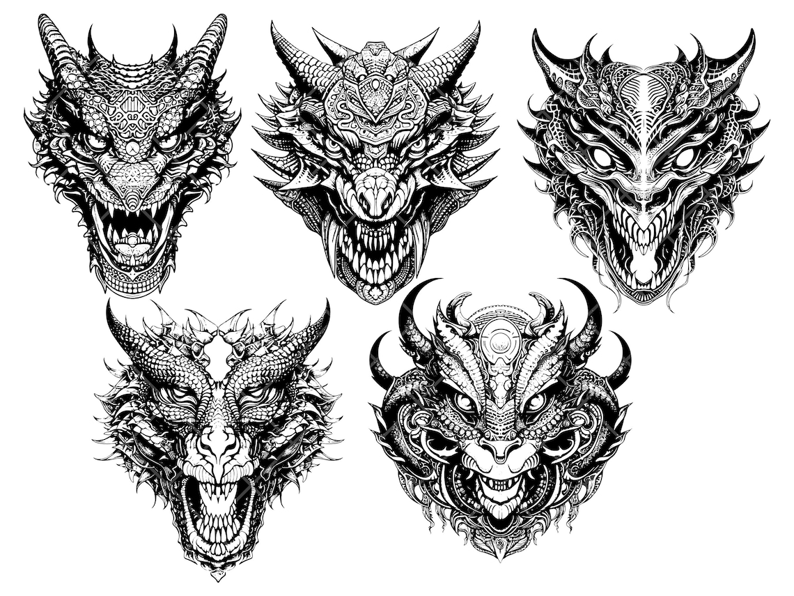 Gothic Dragons Art Pack Vector Dragon Heads Horror Artwork Transparent ...