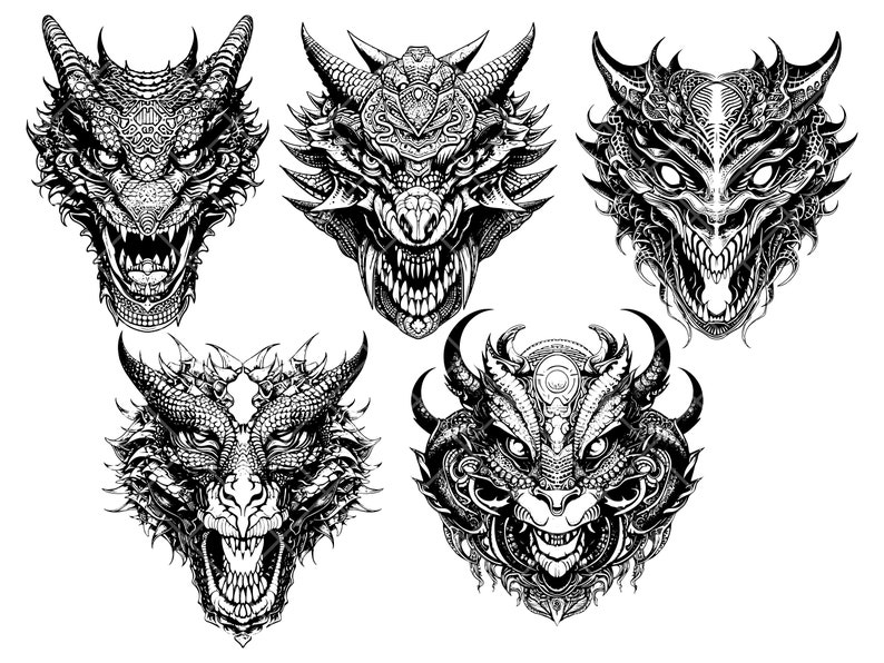 Gothic Dragons Art Pack Vector Dragon Heads Horror Artwork Transparent ...