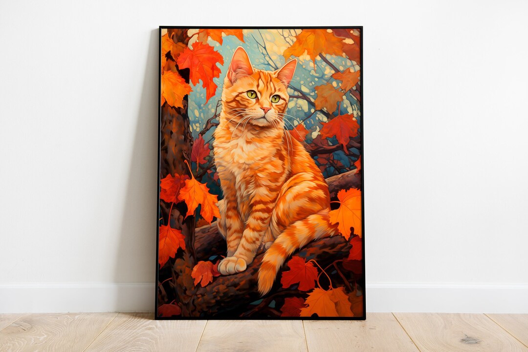 Autumn Cat Poster, Beautiful Tabby Kitten Fall Painting Print, Cute ...