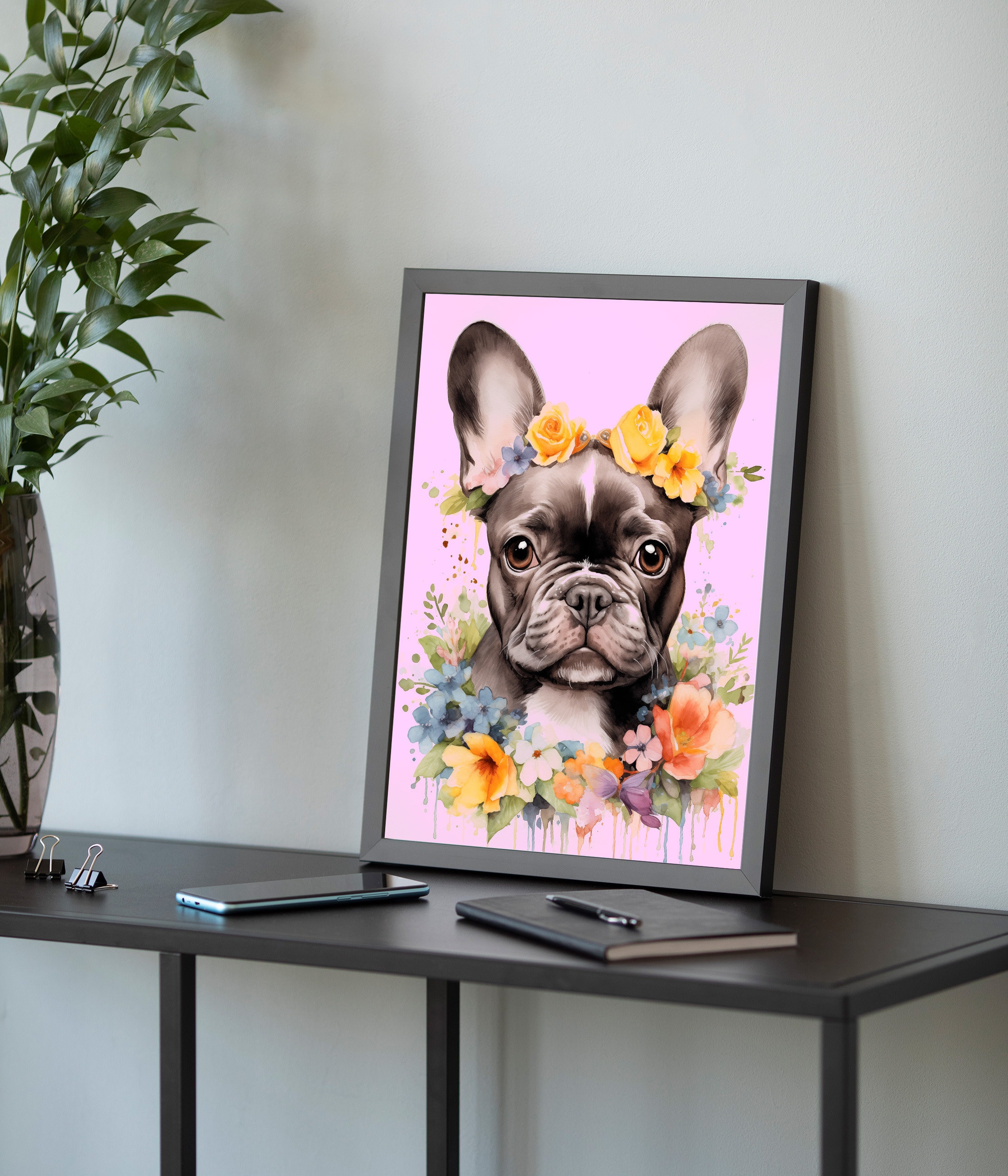 Flower Frenchie Poster, Cute Pink Watercolor Puppy Print, French ...