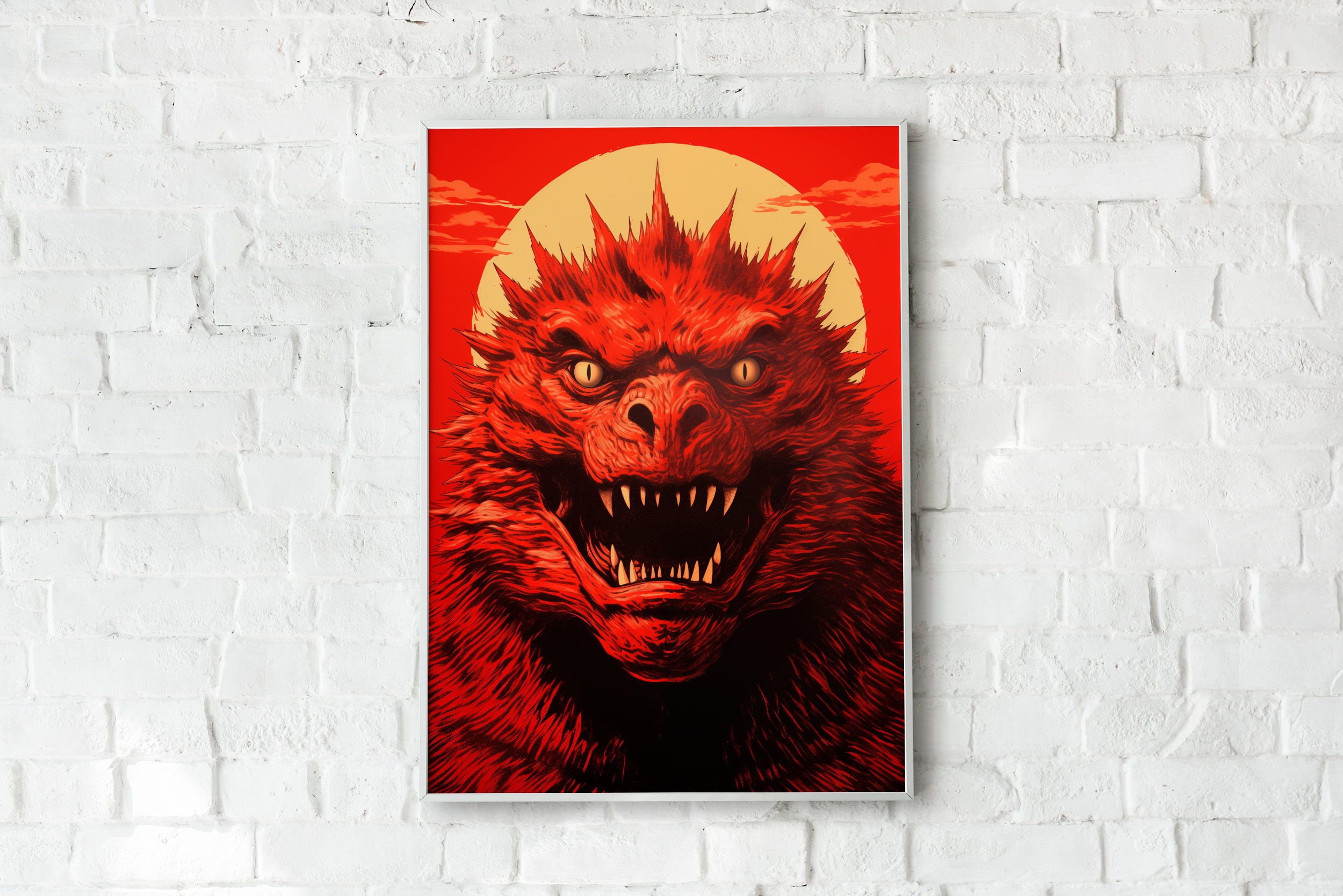 Vintage Godzilla Poster, Traditional Japanese Red Godzilla Print, Kaiju ...